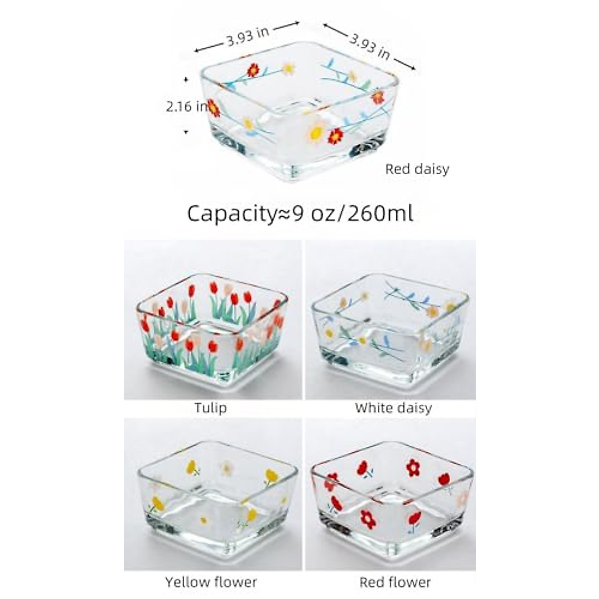 yaocoral 2 Pack 9 OZ Mini Floral Candy Dish Small Glass Candy Bowl for Dessert,Snack,Fruit,Yogurt,Dipping,Side Dishes,Kitchen Prep,Clear Square Serving Bowls