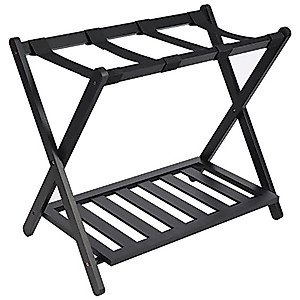 AKVOMBI Folding Luggage Racks for Guest Room, 2 Tier Suitcase Holder Stand with Shelf, Luggage Stand with Heavy Duty Nylon Belts for Bedroom, Hotel, Black
