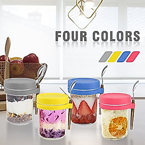 Overnight Oats Containers with Lids and Spoons,4 Pack 10 oz Overnight Oats Jars,Mason Jars with Measurement Marks for yogurt Milk Cereal Fruit Vegetable and Salad Storage Container(Pink Blue Yellow Gray)