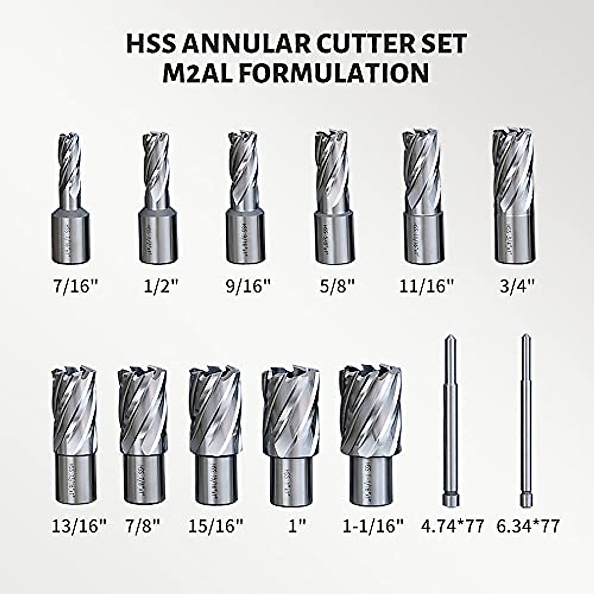 M2AL HSS Annular Cutter Set 13pcs LYXC 3/4'' Weldon Shank 1'' Cutting Depth 7/16'' to 1-1/16'' Cutting Diameter with 2pc Pilot Pins for Mag Drill Press