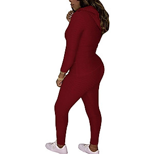Elosele Womens Tracksuit Workout Outfits Sweatsuit - Long Sleeve Zip Up Hooded Jacket High Waist Textured Leggings Yoga Activewear Set Wine Red M