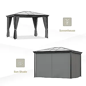 LATTOY 10x12ft Permanent Hardtop Gazebo, Outdoor Galvanized Steel Double Roof Pavilion Pergola Canopy with Aluminum Frame and Privacy Curtains for Garden Patio,Patio Backyard,Deck and Lawns