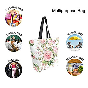 ALAZA Pink Rose Flower Large Canvas Tote Bag Floral Shopping Shoulder Handbag with Small Zippered Pocket