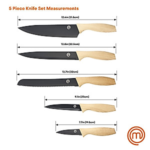MasterChef Knife Set of 5 Kitchen Knives for Cooking (Paring, Utility, Bread, Carving & Chef Knives), Professional Sharp Stainless Steel, Non Stick Blades & Soft Touch Handles, Natural, 5 Piece