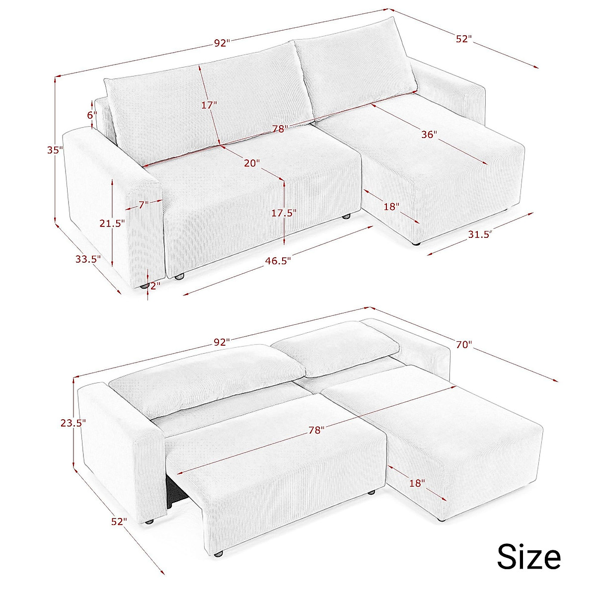 ChicFurnit Couch, L-Shaped Sectional Sofa, Modular Sectional Sofa with Storage, Corduroy Upholstered Sofa Couch with 3 Seats, Sectional Couches for Living Room, Office & Home Apartment, Black