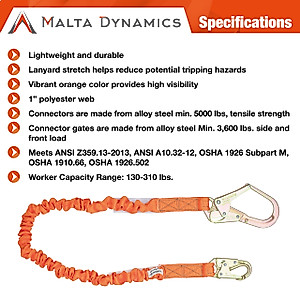 Malta Dynamics 6' Single Leg Stretch Internal Shock Absorbing Lanyard with 1 Rebar Hook and 1 Steel Snap Hook, OSHA/ANSI Compliant