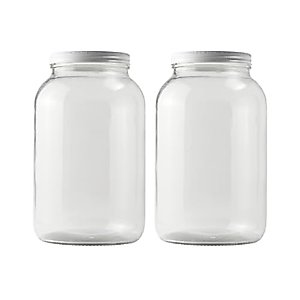 FastRack - Pack of 2 One Gallon Wide Mouth Jars with White METAL Airtight Lids, 2 Glass Jars with 2 Fermentation Lids, Ideal Glass Jars with Lid for brewing, fermentation and pickling
