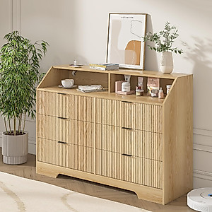Dresser for Bedroom Wood 6 Drawer Dresser with Charging Station, Accent Fluted Drawer Dresser Bedroom Dresser, Wooden Chest of Drawers Mid Century Modern Storage Dressers Chest for Living Room