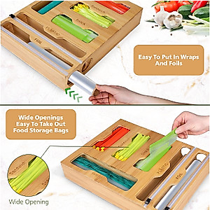 Ziplock Bag Storage Organizer for Kitchen Drawer, 6 in 1 Foil and Plastic Wrap Dispenser with Cutter, Bamboo Zip Lock Plastic Bag Baggie Organizer for Gallon, Quart, Sandwich, Snack 13" x 17" x 3.5"