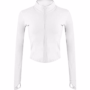 Yeokou Womens Active Zip Up Seamless Sports Running Track Jacket Tops with Thumbhole（White-M）