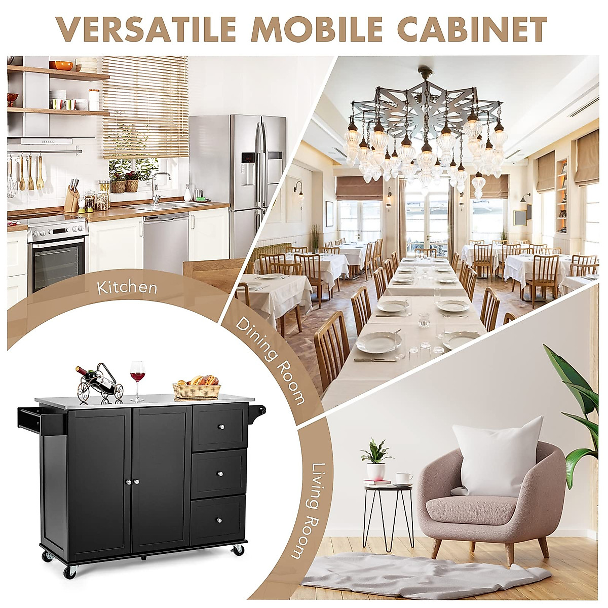 GORELAX Kitchen Island on Wheels with Stainless Steel Top, Rolling Kitchen Cart with Storage Drawers & Cabinet, Lockable Butcher Block Island w/Towel & Spice Rack for Dining Room (Black)