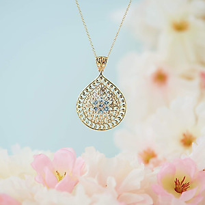 MORGAN & PAIGE 18K Yellow Gold-Plated .925 Sterling Silver Genuine Sky Blue Topaz Evil Eye Teardrop Filigree 1-5/8" Pendant Necklace on 18" Chain - December Birthstone
