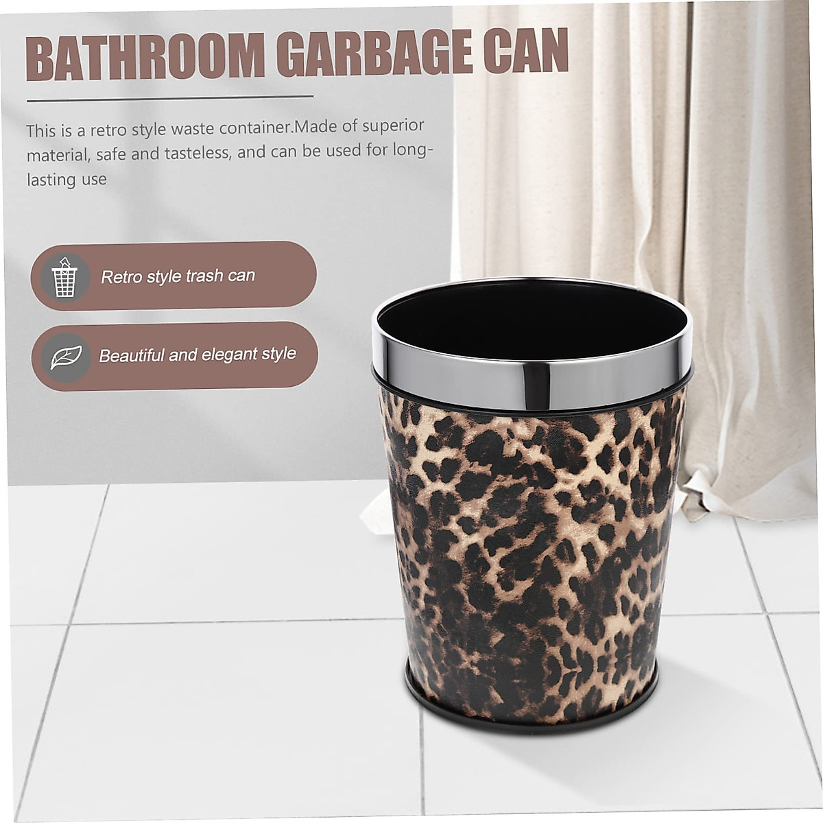 BUGUUYO Leopard Print Bathroom Trash Can Animal Print Waste Bucket Retro Style for Bathroom