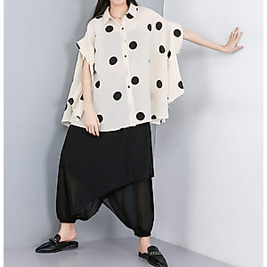 ellazhu Women's Batwing Sleeve Polka Dot Printed Button Down Blouse Oversized Shirt Top for Summer GY1903 White
