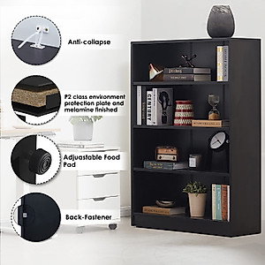 Sunon Wood Bookcase 4-Shelf Freestanding Display Wooden Bookshelf for Home Office School (11.6'' D*33'' W*48'' H,Black)