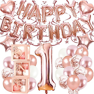 First Birthday Balloon Boxes Decorations for Girl, 72Pcs 1st Birthday Party Decorations Includes White Transparent Boxes Baby Rose Gold Balloons 40 Inch Foil Balloons 18 Inch HAPPY BIRTHDAY Foil