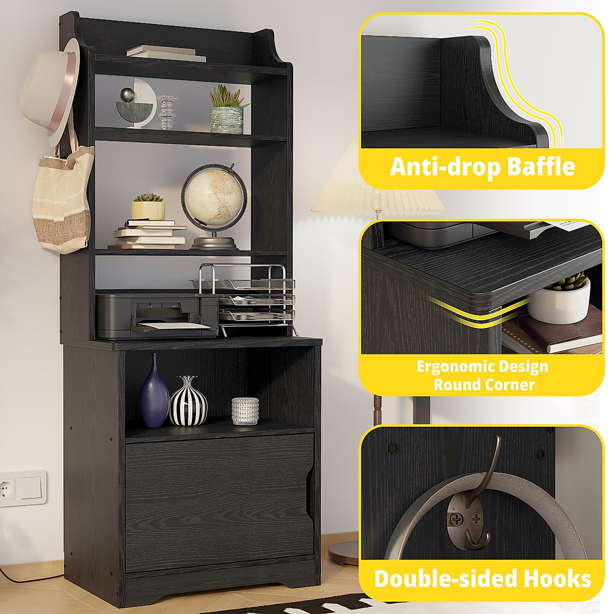 LIKIMIO Nightstand, 55" Tall End Side Table with Charging Station and Storage Cabinet, Small Bookshelf, for Living Room Office Bedroom, Vintage Black