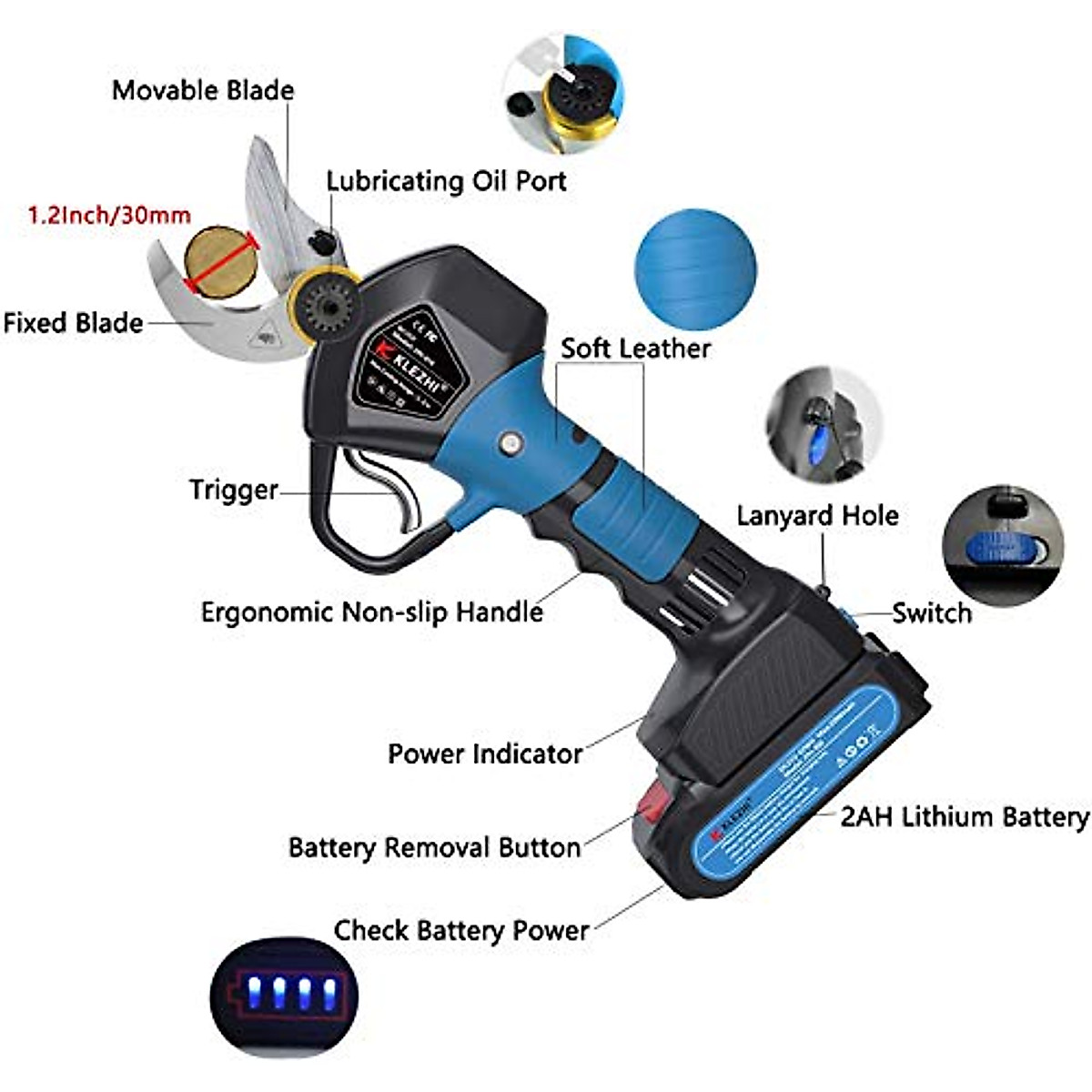 KLEZHI Professional Electric Pruning Shears with 2 PCS Backup Rechargeable Battery Powered Tree Branch Pruner 1.2" 30MM 8 Working Hours Black