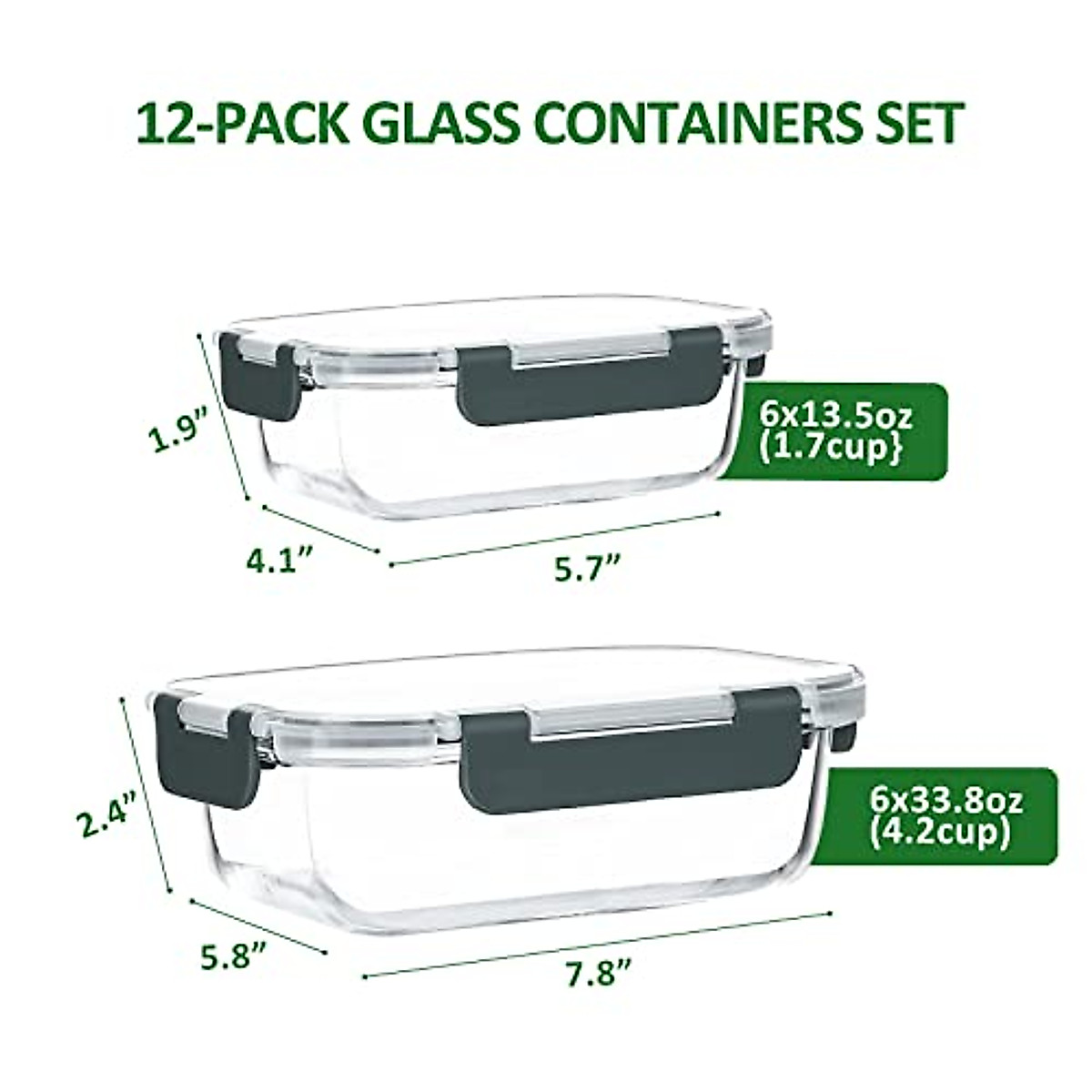 KOMUEE 12 Packs Glass Meal Prep Containers Set, Glass Food Storage Containers with Locking Lids, Airtight Glass Lunch Containers, BPA Free, Microwave, Oven, Freezer & Dishwasher Friendly，Gray