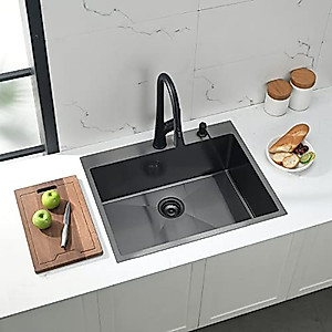 28 Inch Drop In Black Stainless Steel Kitchen Sink, Doirteal 28 x 22 x 10 Inch Matte Black Kitchen Sink 16 Gauge Stainless Steel Topmount Single Bowl Sink Single Basin with Bottom Grid