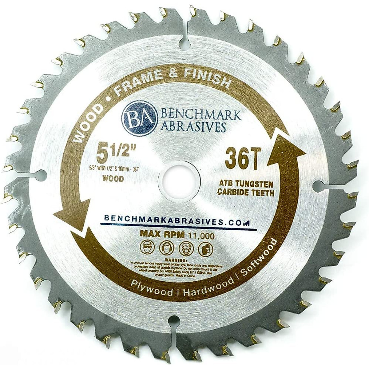 Benchmark Abrasives 5-1/2" 36 Tooth, TCT Wood Cutting Saw Blade for General Purpose Cutting & Trimming of Softwoods, Hardwoods, Long Lasting Blades, Use with Circular Saw (5-1/2" 36T)
