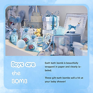 iAOVUEBY Baby Shower Favors, Unique Baby Shower Gifts for Guest Gift Set - 12 PCS Bath Bombs Organza Bags Little Pacifier Thank You Card, Gender Reveal Party Favors for Guests (Boy's are The Bomb)