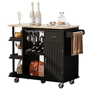 JVIBI Multipurpose Kitchen Cart Cabinet with Side Storage Shelves,Rubber Wood Top, Adjustable Storage Shelves, 5 Wheels, Kitchen Storage Island with Wine Rack for Dining Room, Home,Bar,Black
