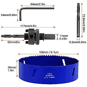 LANIAKEA 6-1/8-Inch Bi-Metal Hole Saw 156MM M42 Annular Hole Cutter HSS Variable Tooth Pitch Holesaw Set with Arbor Blue for Home DIYer