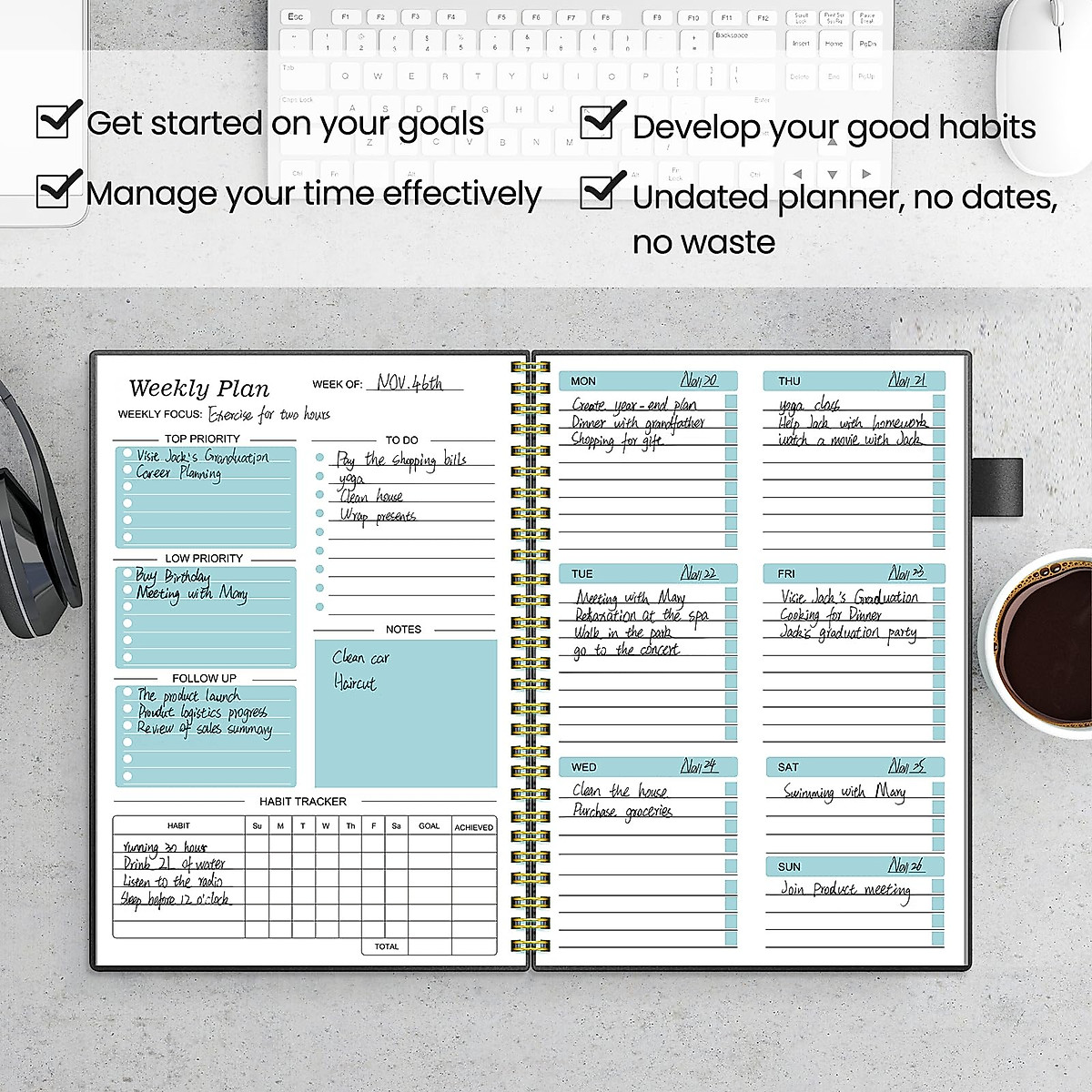7"x10" Undated Weekly Planner, 53 Weeks To Do List Goals Notebook with Spiral Binding, Flexible Cover, Perfect for Daily & Weekly Plan (Gray)