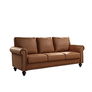 Livavege, 80" Mid-Century Modern, Breathable Faux Leather Upholstered Cushions/Pillows, 3-Seat Sofas & Couches for Living Room Apartment Office, Light Brown