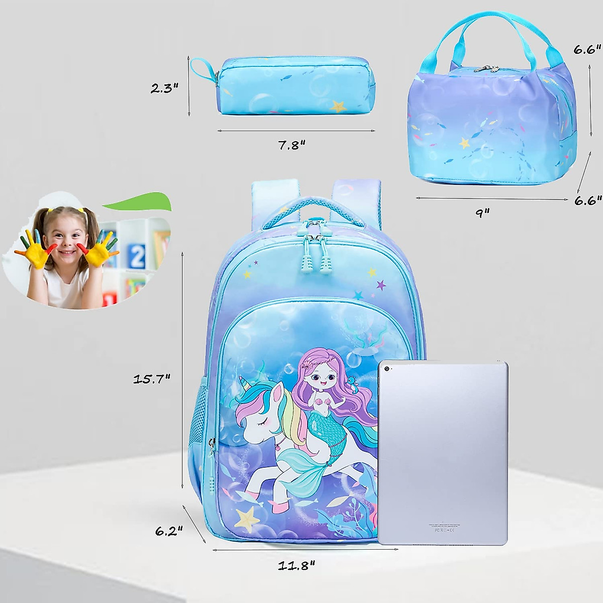Mermaid Unicorn Backpack for Girls School Backpack for Girls Mermaid Bookbag Large Capacity Water Resistant School Bag 3 Piece Bundle with Insulated Lunch Bag Pencil Case