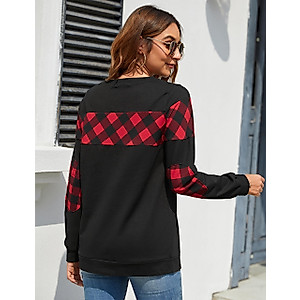 Blooming Jelly Women's Color Block Plaid Shirt Crew Neck Elbow Patches Pullover Sweatshirt Christmas Top(M) Black