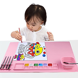 Queceuy Silicone Painting Mat，20"X16"Silicone Art mat with 1 Water Cup ，Handmade erasable Washable，for Resin, DIY, Clay, Play Doh Silicone Drawing mat for Children（Pink）