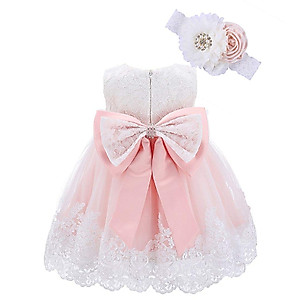 Bow Dream Baby Flower Girl Dresses Lace Bowknot Wedding Pageant Formal Tutu Gown Blush Pink 0-3 Months