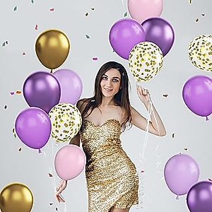 Pink and Purple Balloons, 60Pcs Pastel Purple Pink Balloons, 12 Inch Metallic Purple Gold Confetti Balloons Purple Latex Balloons for Girls Birthday Baby Shower Bridal Butterfly Party Decorations