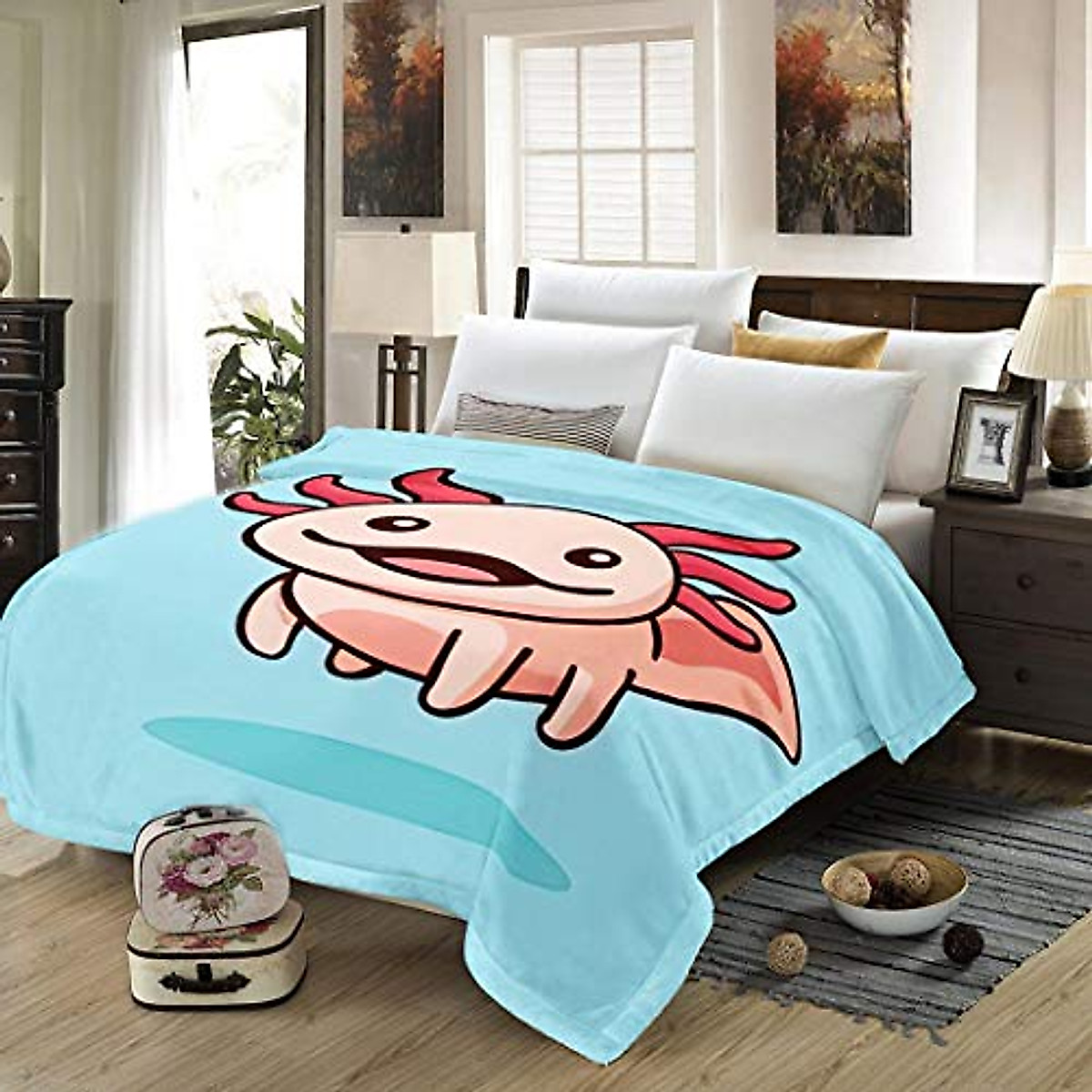 Axolotl Blanket,Plush and Warm Home Soft Cozy Portable Fuzzy Throw Blankets for Couch Bed Sofa,Cute Axolotl (Ambystoma Mexicanum) in Front of A Light Blue,40"x50"
