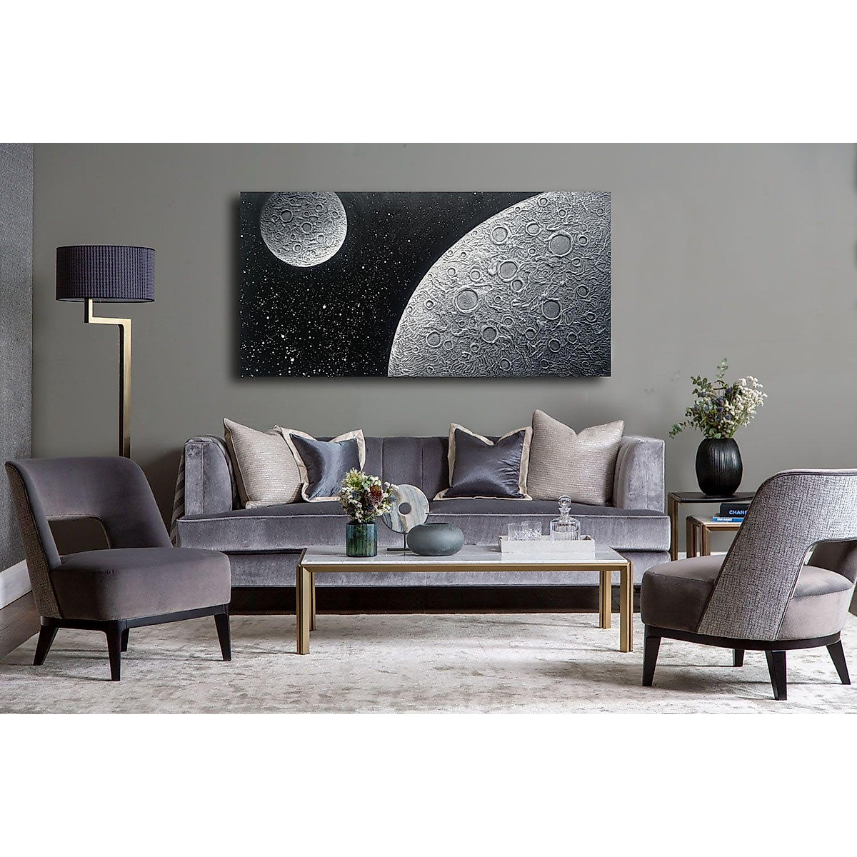 Landswaydecor Black and Grey Wall Art Moon Surface Canvas Oil Painting Home Decor Hand Painted Modern Textured 3D Artwork for Bedroom Living Room