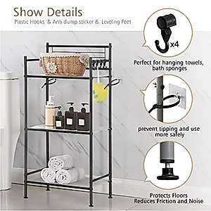 MallBoo 3-Tier Metal Freestanding Storage Shelf,Standing Bathroom Shelves with 3 x PP Shelf Liners and 4 x Hooks for Laundry Kitchen Office (Black)