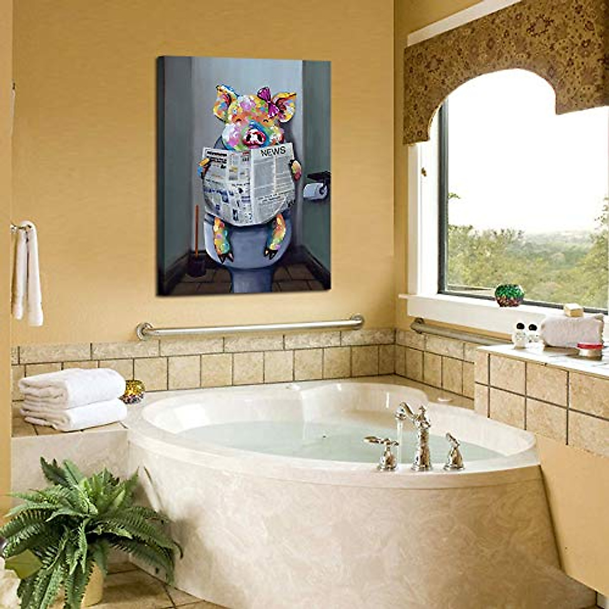 KREATIVE ARTS Funny Animal Painting Wall Decor Giclee Canvas Art Cute Pig Reading Newspaper on Toilet Painting Framed Prints Pictures to Hang for Bathroom Walls Decor 24x32inch