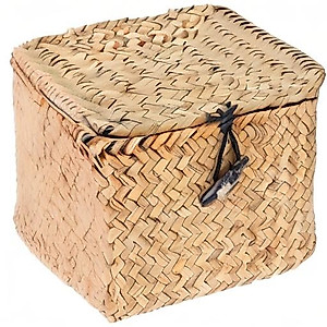 IMIKEYA Seaweed Baskets with Lids: Woven Baskets Seagrass Storage Woven Basket Straw Rattan Storage Basket Hand-Woven Storage Basket Bin Container Organizer for Shelf Desktop 4 inch