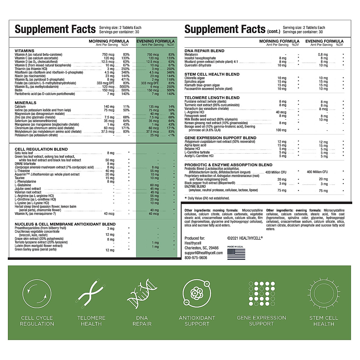 Healthycell AM PM, Natural AntiAging Multivitamin for Men, Women, Supports Cell Health, Stem Cells, Energy, Sleep, with Vegetarian Whole Food Vitamins, Antioxidants, Probiotics (30 Servings)