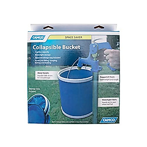 Camco Collapsible Bucket with Storage Case- Durable Pop Up Bucket with Watertight Fabric, Holds 3 Gallons of Water - Great for RVs, Camping, Fishing, Boating, Hiking and More - Blue (42993), Blank Ski