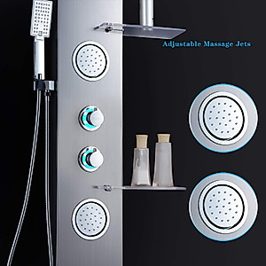 ELLO&ALLO Shower Panel System Tower with Shelf, LED Rainfall and Mist Head Rain Massage Stainless Steel Shower Fixtures with Adjustable Body Jets, Brushed Nickel