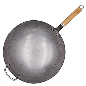 CZDYUF Traditional Hand Hammered Carbon Steel Pow Wok with Wooden and Steel Helper Handle, Round Bottom