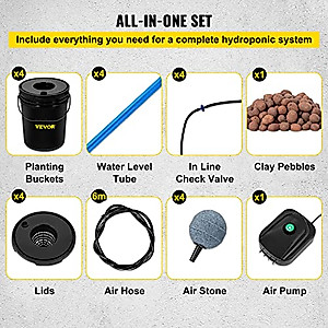 VEVOR 4 Buckets DWC Hydroponic System, 5 Gallon, Deep Culture, Plants Grow Kit with Pump, Air Stone and Water Level Device, for Indoor/Outdoor Leafy Vegetables, Black