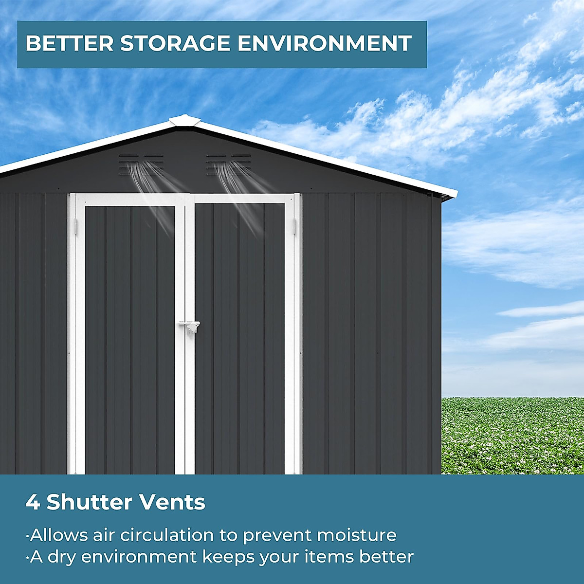 Zevemomo 10X8 FT Outdoor Storage Shed, All Weather Tool Shed with Metal Foundation & 2 Lockable Doors, Metal Sheds Outdoor Storage for Garden, Patio, Backyard, Lawn, Black