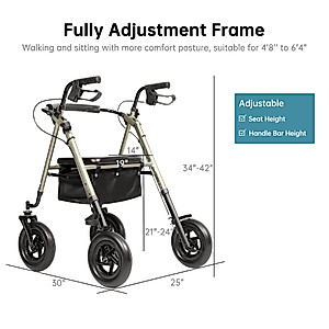 ELENKER All-Terrain Rollator Walker with 10” Rubber Wheels, Padded Seat & Backrest, Under-seat Basket for Seniors (Champagne)