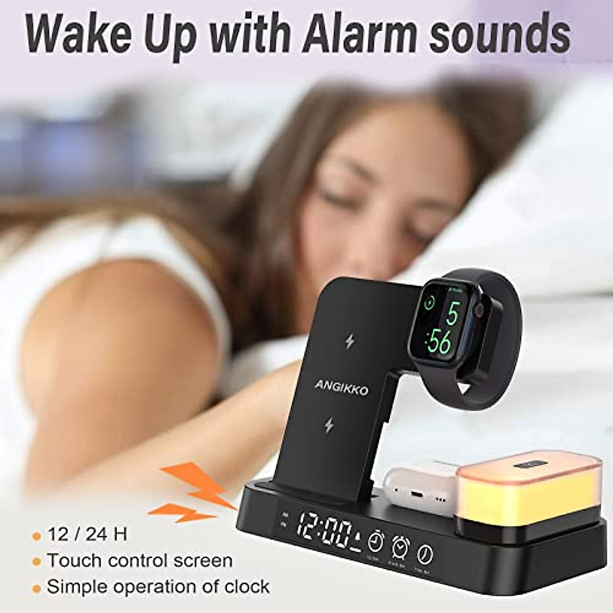 5 in 1 Foldable Wireless Charger Charging Station Alarm Clock & Night Light with Watch Charger Cable & Adapter for iWacth AirPods iPhone 14/13/12/11/Pro etc