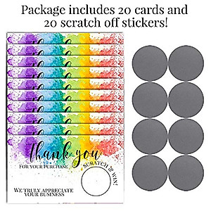 Rainbow Watercolor Themed Scratch & Win Customer Appreciation Package Inserts for Small Businesses, 20 2" X 3.5” Single Sided Insert Cards with Scratch Off Stickers included by AmandaCreation