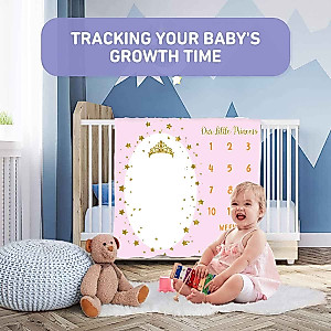 PHMOJEN Monthly Milestone Blanket for Baby Girl, 48"x40" Soft Flannel Pink Princess Memory Growth Blanket, Photography Backdrop Prop for Newborn Baby Shower, 1 to 12 Months Include Marks BTLSPH819